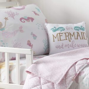 Levtex Baby Mermaid Pink, White, 5PC Toddler Set - Kids Bedding - Reversible Quilt, Fitted Sheet, Flat Sheet, Standard Pillow Case, Decorative Pillow