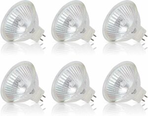 simba lighting halogen mr16 20w 12v light bulbs (6 pack) for landscape, track lights, fiber optics, desk lamps, bab c spotlights with glass cover, gu5.3 bi pin base, 2700k warm white dimmable