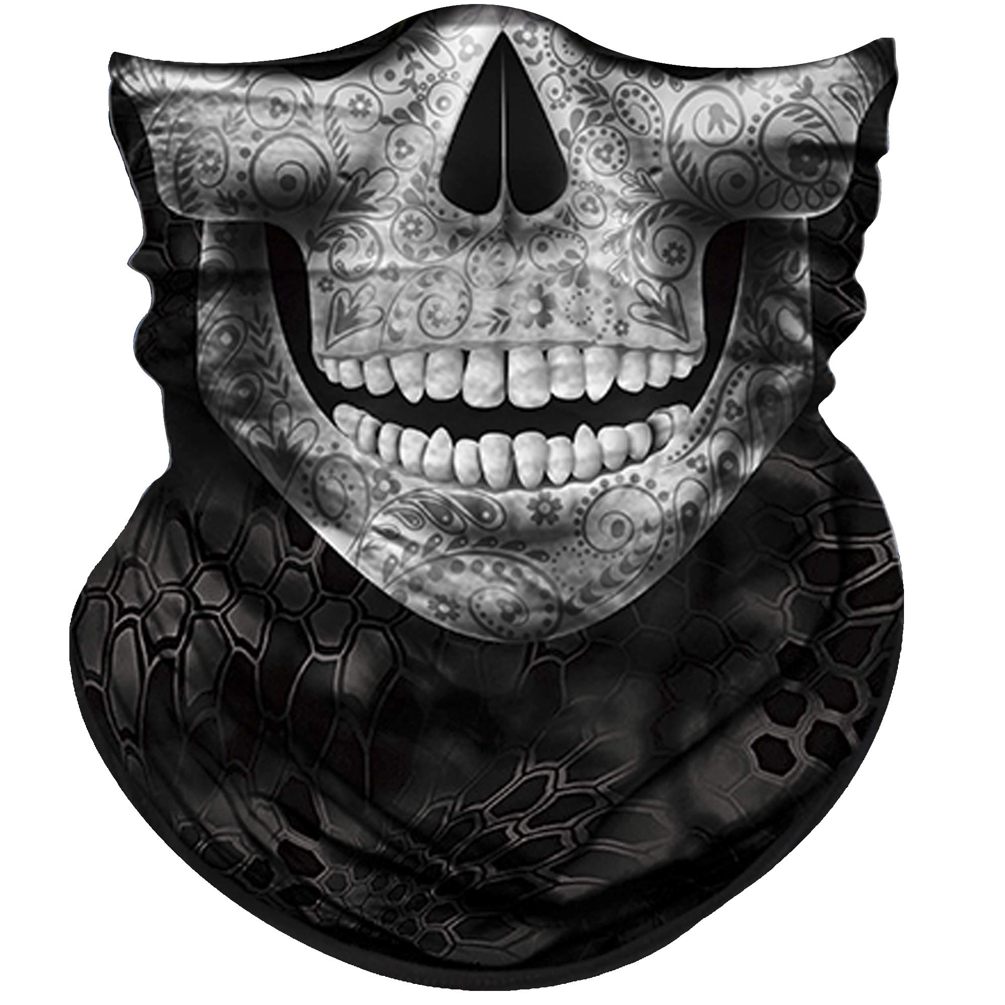 Obacle Half Face Mask Sun Dust Wind Protection Durable Tube Face Mask Bandana Skull Skeleton Face Mask for Men Women Bike Riding Motorcycle Fishing Hunting Cycling (Skull White Face Open Mouth)