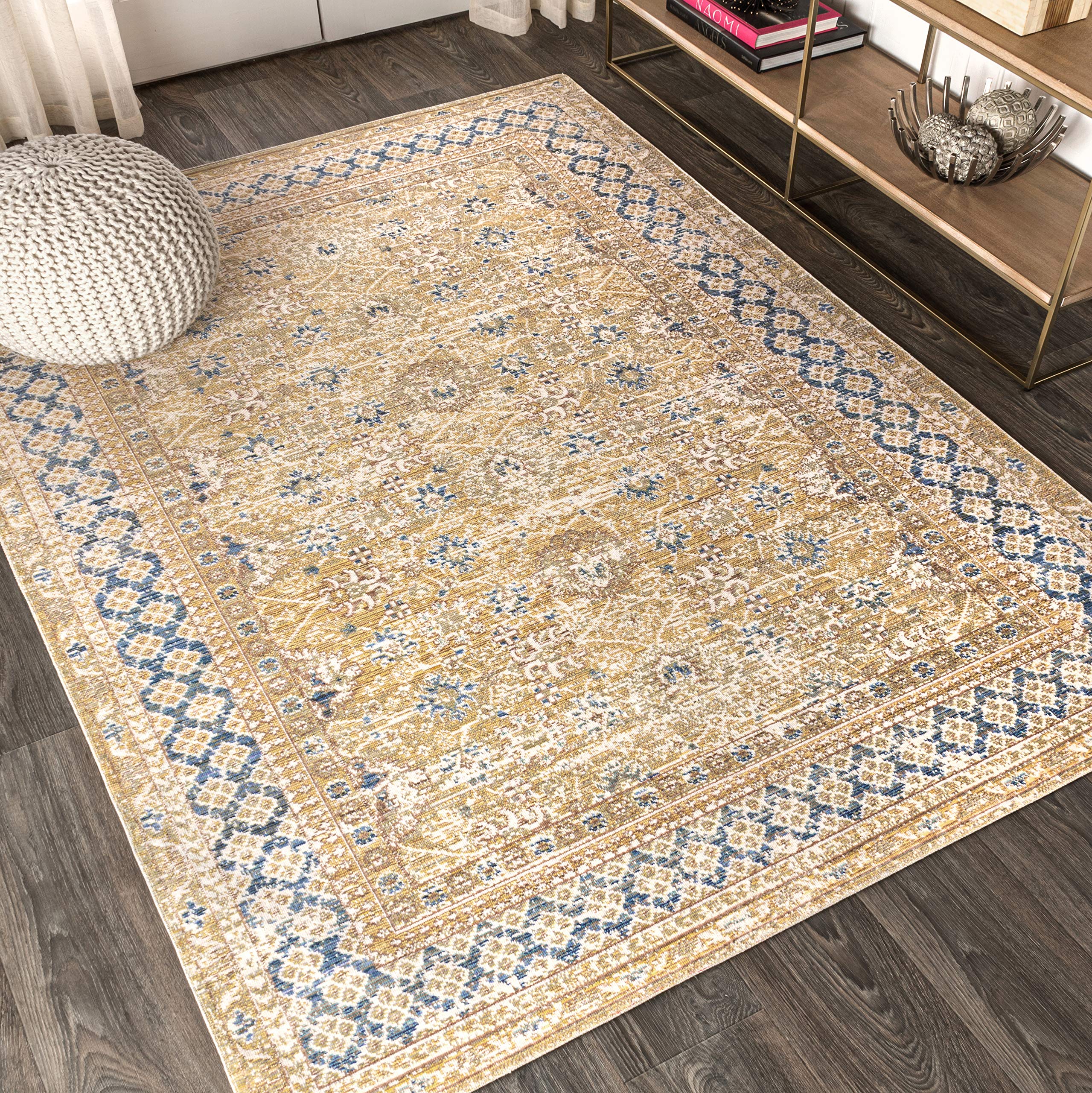 JONATHAN Y SMB107J-28 Madrid Vintage Filigree Textured Weave Indoor Outdoor Area-Rug, Classic Traditional Transitional Easy -Cleaning,Bedroom,Kitchen,Backyard,Patio,Non Shedding, Cream/Green, 2 X 8