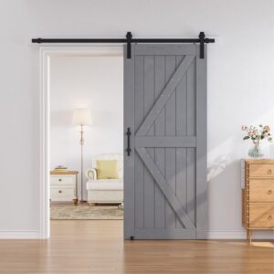 smartstandard 36in x 84in sliding barn door with 6.6ft barn door hardware kit & handle, pre-drilled ready to assemble, diy unfinished solid spruce wood panelled slab, k-frame, grey