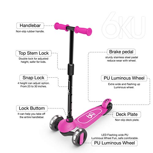 6KU Scooters for Kids 3-5 Year Old with Flash Wheels, Toddler Scooter 4 Adjustable Height, Extra-Wide PU LED Wheels, 3 Wheel Scooters for Girls & Boys (Pink)