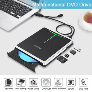 Guamar External CD DVD Drive, USB 3.0 USB-C CD/DVD+/-RW Burner Portable Optical Disk Drive CD ROM Reader Writer DVD Player for Laptop Desktop PC Mac Windows 11 with SD/TF Slot/2 USB Ports (Silver)