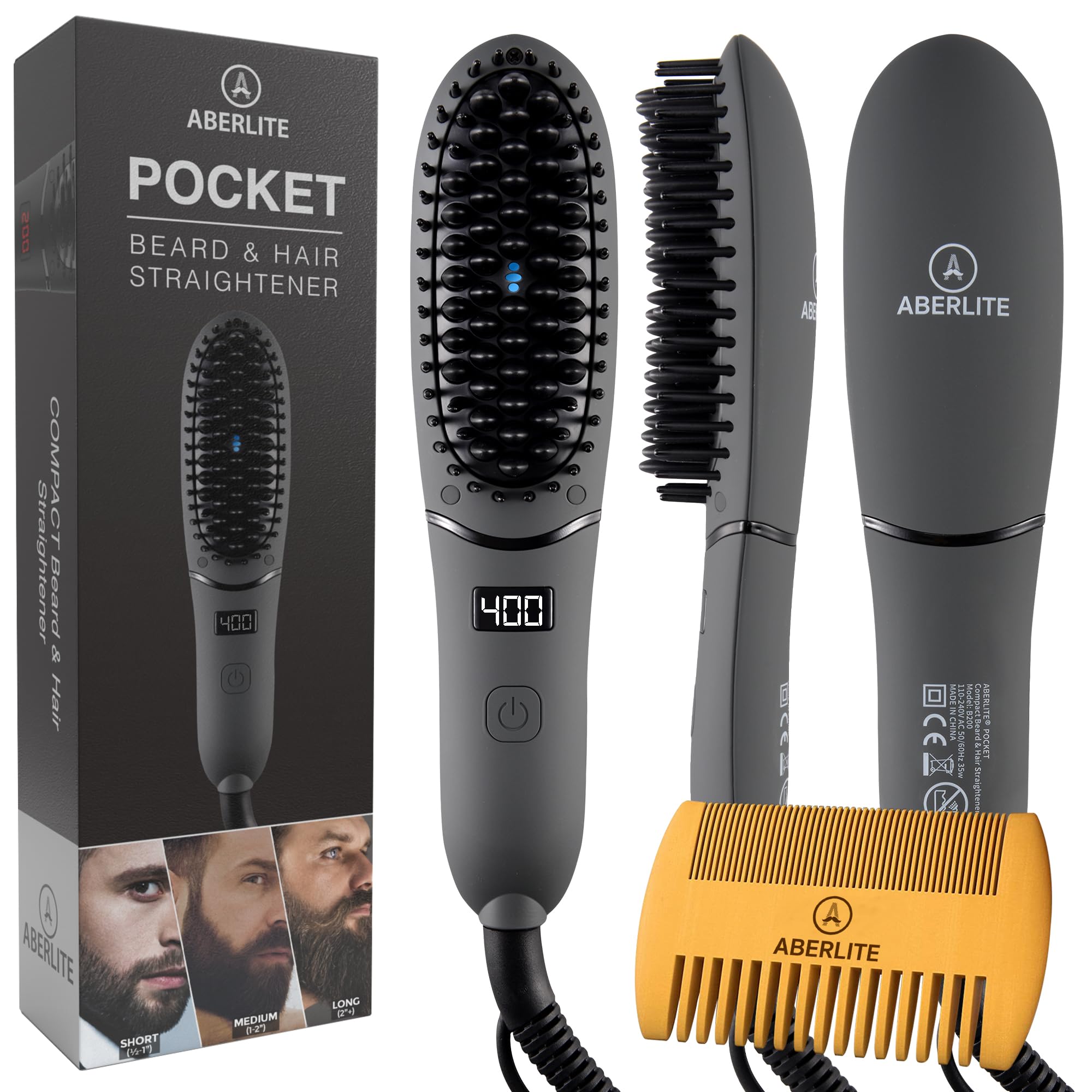 Aberlite Pocket - Compact Beard Straightener for Men - Ionic & Anti-Scald Technology - Beard Straightening Heat Brush Comb Ionic - for Home and Travel