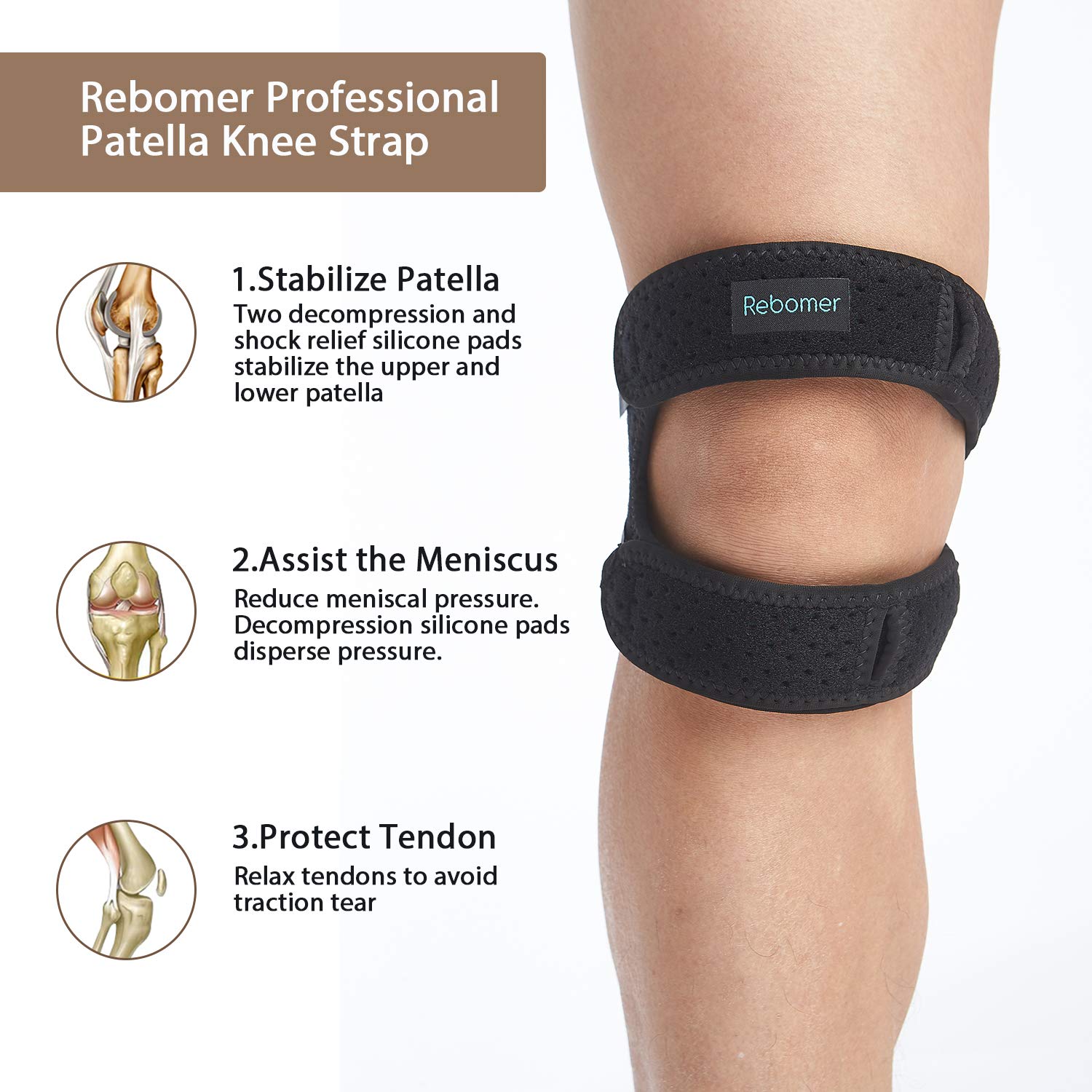 Rebomer Patella Knee Strap, Adjustable Knee Brace (3D Silicone Insert) for Men & Women, Knee Joint Pain Prevention & Relief & Patella Stabilizer Support for Running, Riding, Football, Hiking.