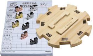 exqline mexican train dominoes accessories - with 6.5" pine mexican train hub, 70-sheets mexican train score pads and 8 colored die-cast train markers, for mexican dominoes train game set