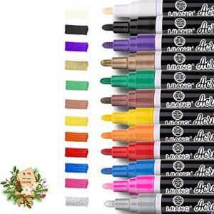 12 colors acrylic paint pens, delivers accurate lines, acrylic paints waterproof outdoor marker for rock painting, glass, ceramic, metal, wood, canvas, halloween pumpkins christmas cards ornament.