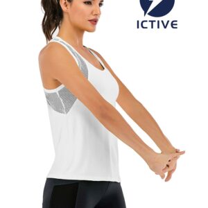 ICTIVE Women's Mesh Racerback Tank Top - Loose Fit Yoga, Gym, Running Activewear, White M