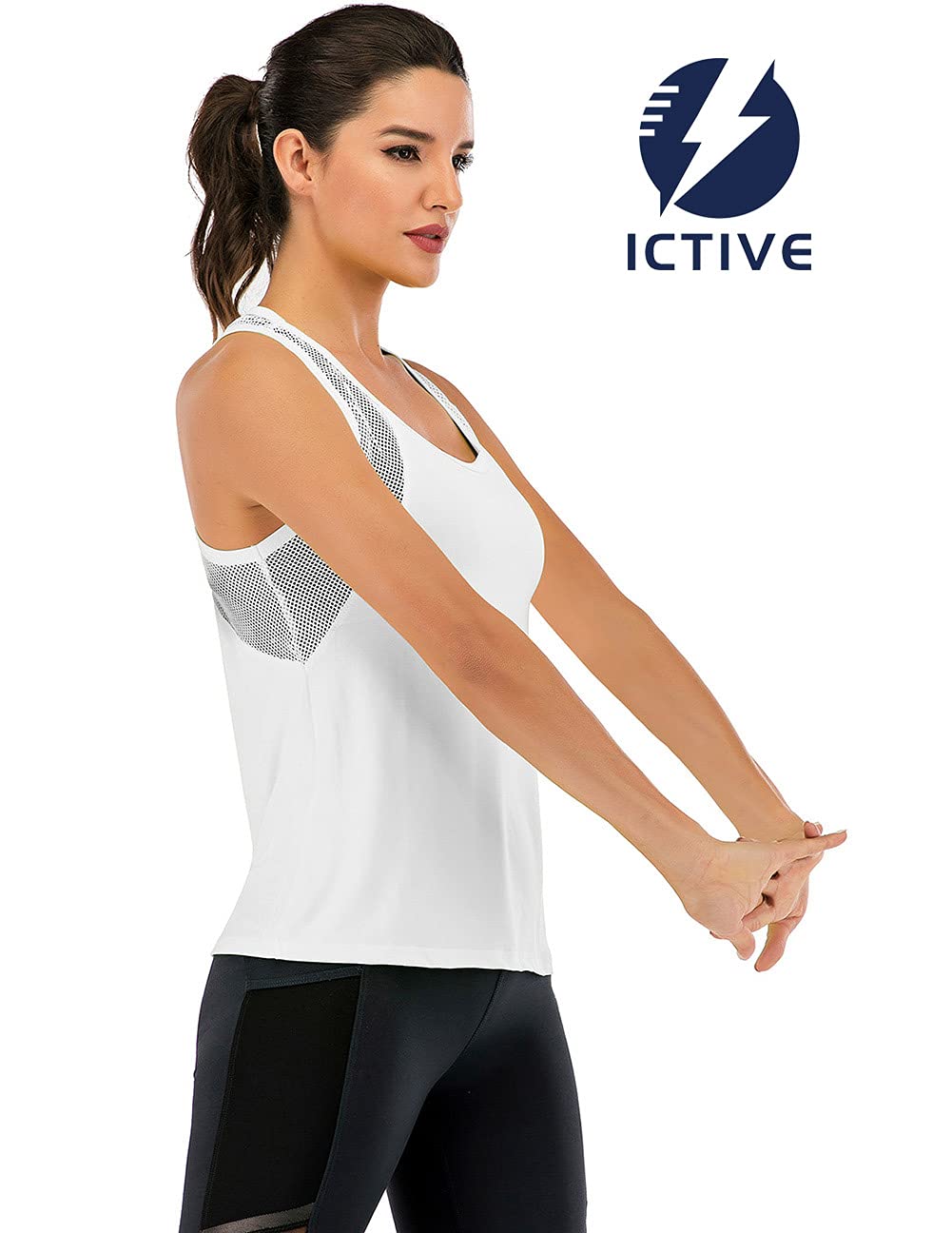 ICTIVE Women's Mesh Racerback Tank Top - Loose Fit Yoga, Gym, Running Activewear, White M