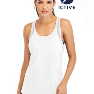 ICTIVE Women's Mesh Racerback Tank Top - Loose Fit Yoga, Gym, Running Activewear, White M