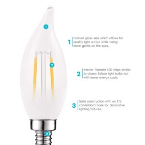 LUXRITE 4W Frosted Candelabra LED Bulbs Dimmable, 2700K Warm White, 360 Lumens, E12 LED Bulb 40W Equivalent, Flame Tip Glass, LED Candle Light Bulbs, UL Listed (6 Pack)