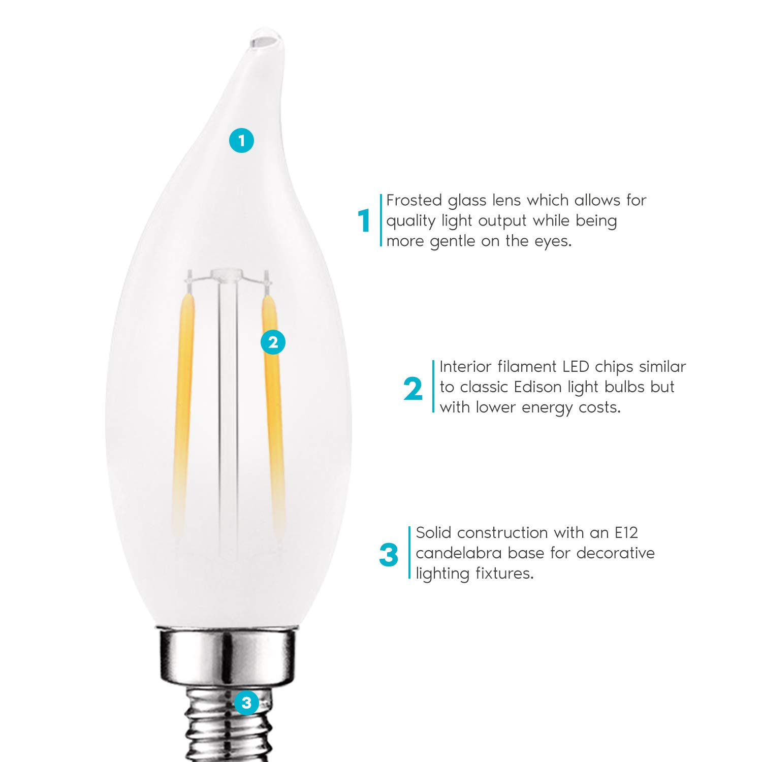 LUXRITE 4W Frosted Candelabra LED Bulbs Dimmable, 2700K Warm White, 360 Lumens, E12 LED Bulb 40W Equivalent, Flame Tip Glass, LED Candle Light Bulbs, UL Listed (6 Pack)