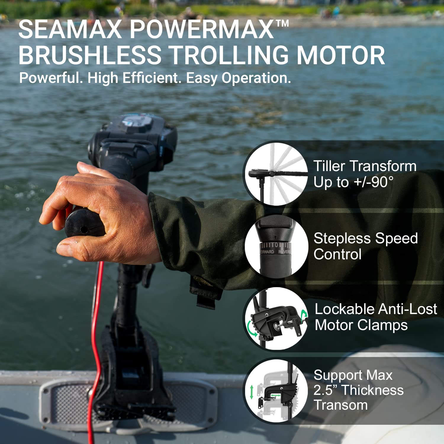 Seamax 12V PowerMax 2HP Brushless Trolling Motor, Stepless Speed Control, Equal to 65 Lb Thrust, 35 Inch Shaft