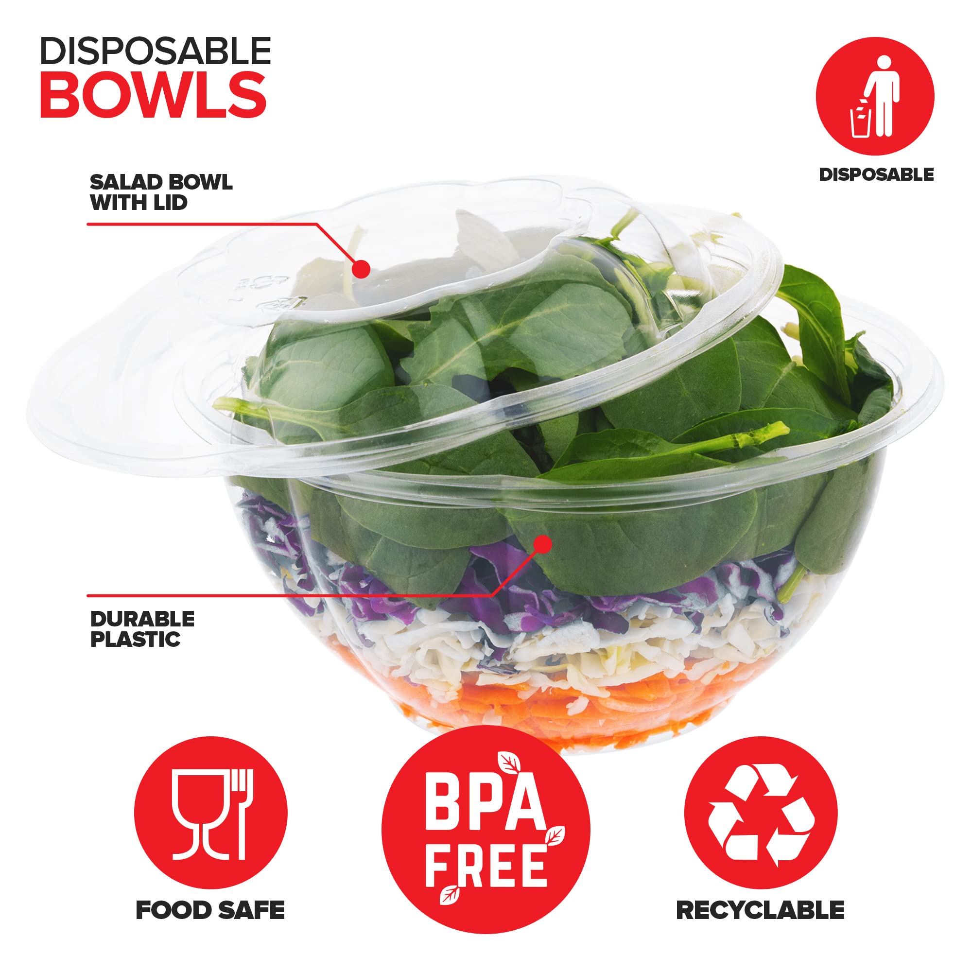 Stock Your Home 32oz Clear Plastic Salad Bowls with Lids Disposable (50 Pack) Medium Takeout Container with Snap on Lid for Fruit Salads, Quinoa, Lunch and Meal Prep, Acai Bowl, To-Go Party Containers