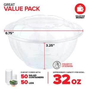 Stock Your Home 32oz Clear Plastic Salad Bowls with Lids Disposable (50 Pack) Medium Takeout Container with Snap on Lid for Fruit Salads, Quinoa, Lunch and Meal Prep, Acai Bowl, To-Go Party Containers