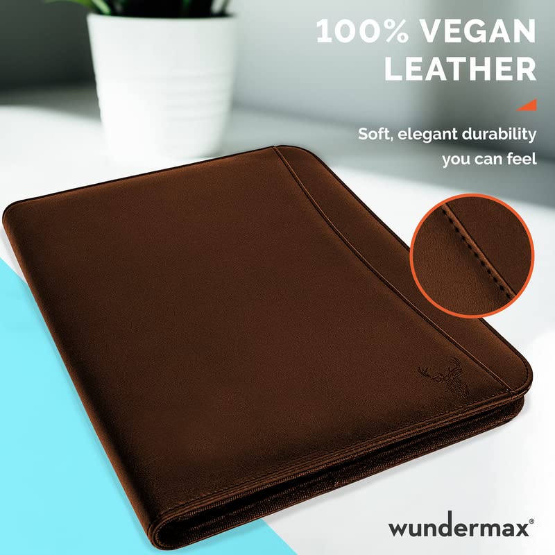 Wundermax Vegan PU Leather Portfolio with Zipper - Business Notebook Organizer for Resume - Padfolio for Men & Women w/Notepad Compatible with 10" iPad/Tablet Pocket Aesthetic School Suppliers, Brown