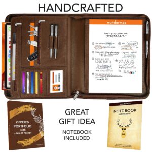 Wundermax Vegan PU Leather Portfolio with Zipper - Business Notebook Organizer for Resume - Padfolio for Men & Women w/Notepad Compatible with 10" iPad/Tablet Pocket Aesthetic School Suppliers, Brown