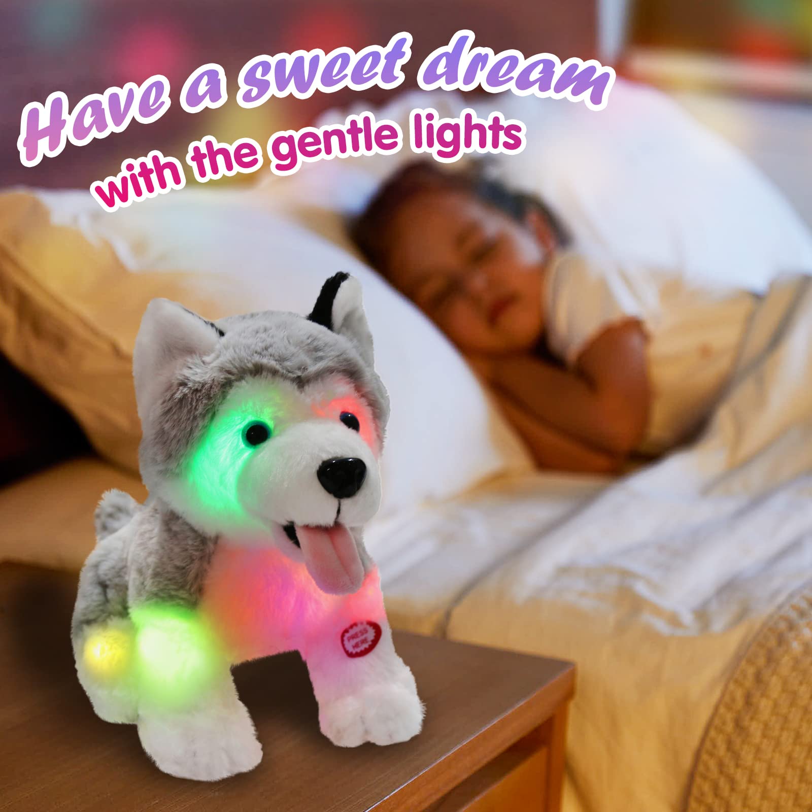 Athoinsu Light up Husky Dog Stuffed Animal Soft Glowing Plush Puppy Toy with Magic LED Night Lights Valentine's Day Children's Day Birthday for Toddler Kids, 8''