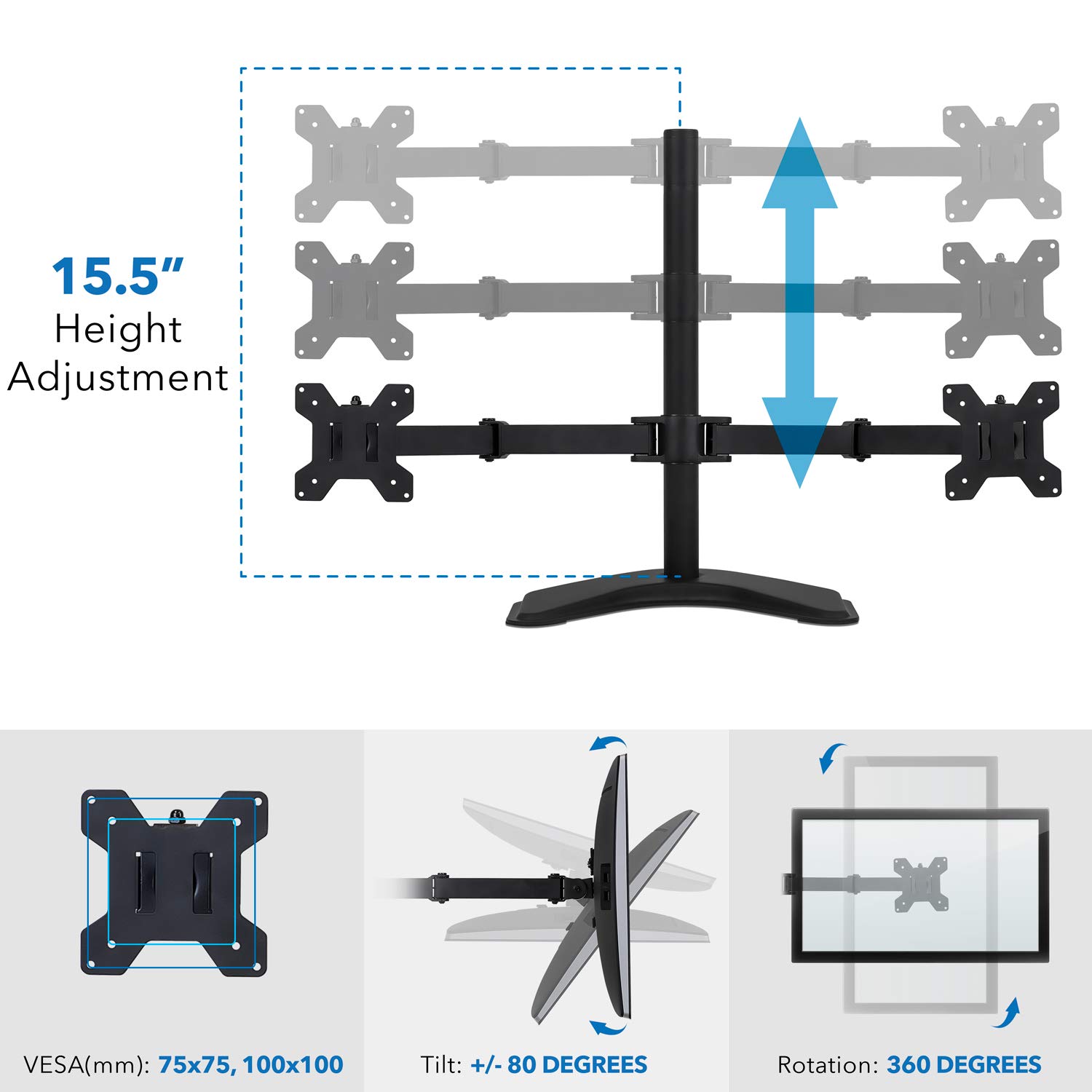 Mount-It! Dual Monitor Stand for Desk - 2 Screen Mount for Two Computer Screens up to 32 Inch and 17 Lbs - Free-Standing Base Swivels, Tilt, Rotates 360 Adjustable Arms - VESA Compatible Sturdy Steel