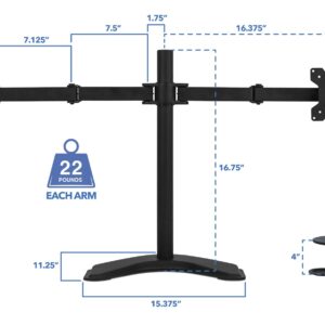 Mount-It! Dual Monitor Stand for Desk - 2 Screen Mount for Two Computer Screens up to 32 Inch and 17 Lbs - Free-Standing Base Swivels, Tilt, Rotates 360 Adjustable Arms - VESA Compatible Sturdy Steel