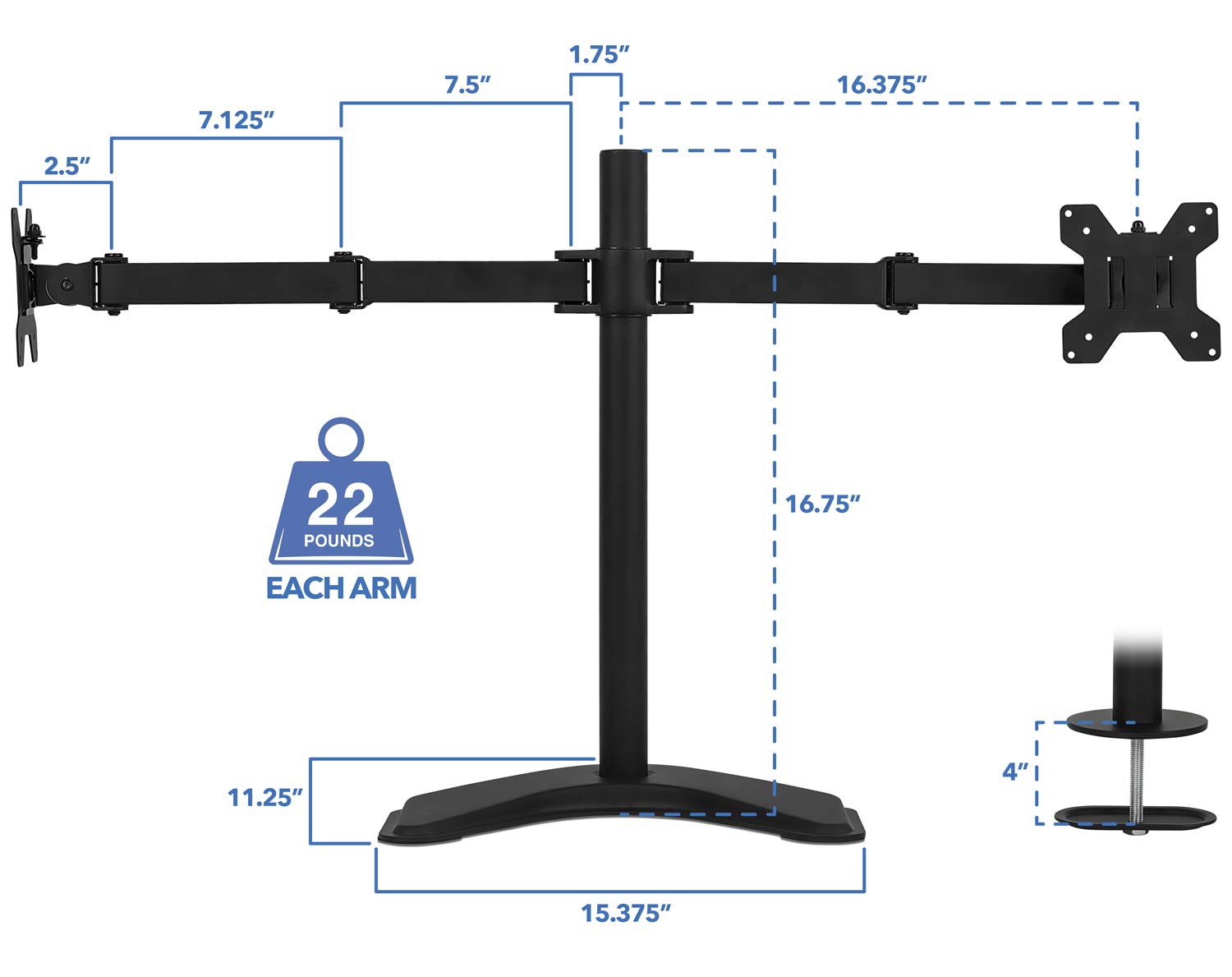 Mount-It! Dual Monitor Stand for Desk - 2 Screen Mount for Two Computer Screens up to 32 Inch and 17 Lbs - Free-Standing Base Swivels, Tilt, Rotates 360 Adjustable Arms - VESA Compatible Sturdy Steel