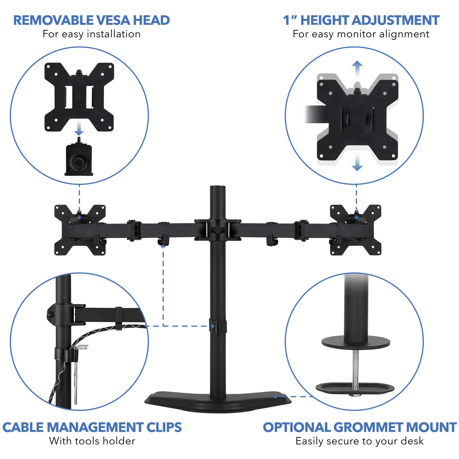 Mount-It! Dual Monitor Stand for Desk - 2 Screen Mount for Two Computer Screens up to 32 Inch and 17 Lbs - Free-Standing Base Swivels, Tilt, Rotates 360 Adjustable Arms - VESA Compatible Sturdy Steel