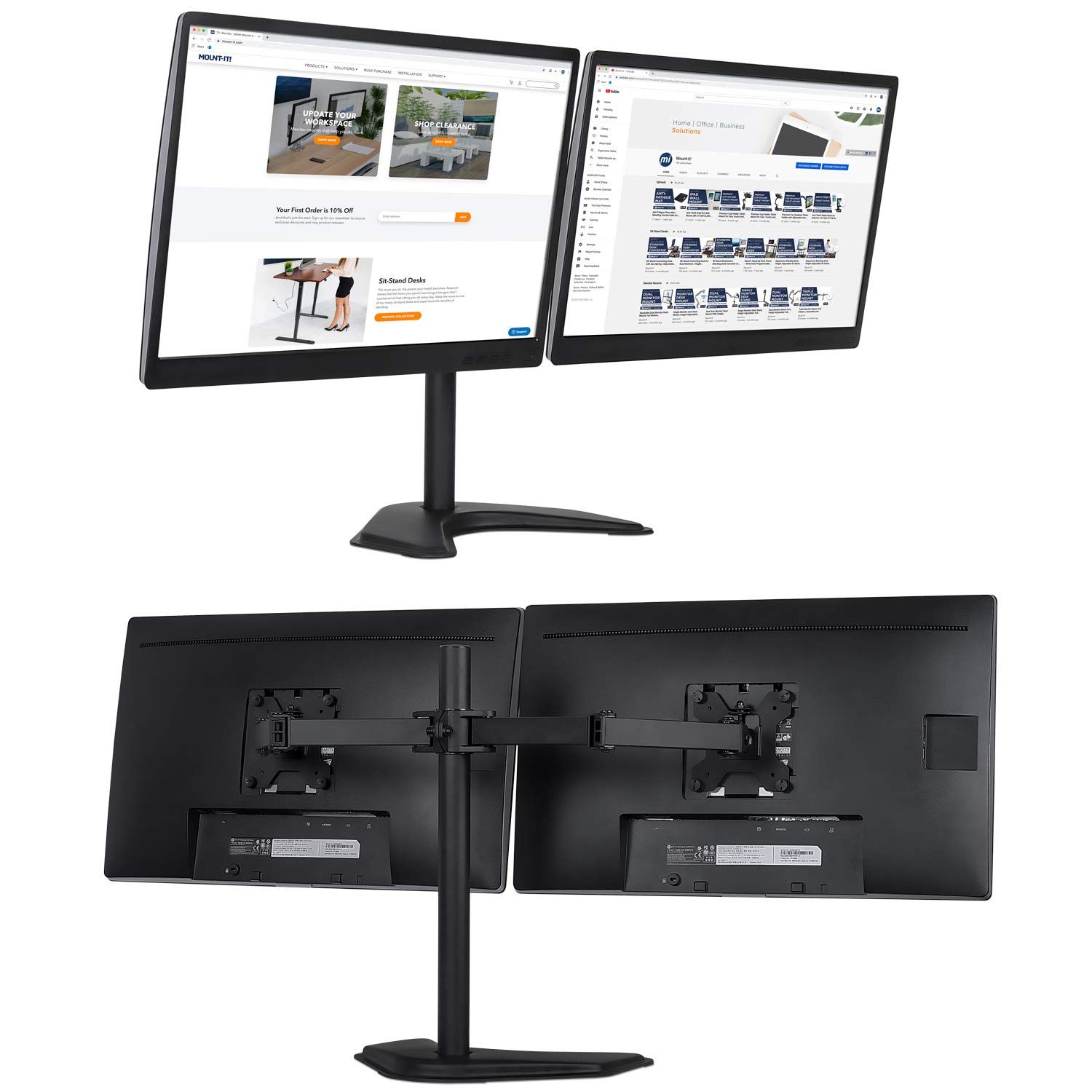 Mount-It! Dual Monitor Stand for Desk - 2 Screen Mount for Two Computer Screens up to 32 Inch and 17 Lbs - Free-Standing Base Swivels, Tilt, Rotates 360 Adjustable Arms - VESA Compatible Sturdy Steel