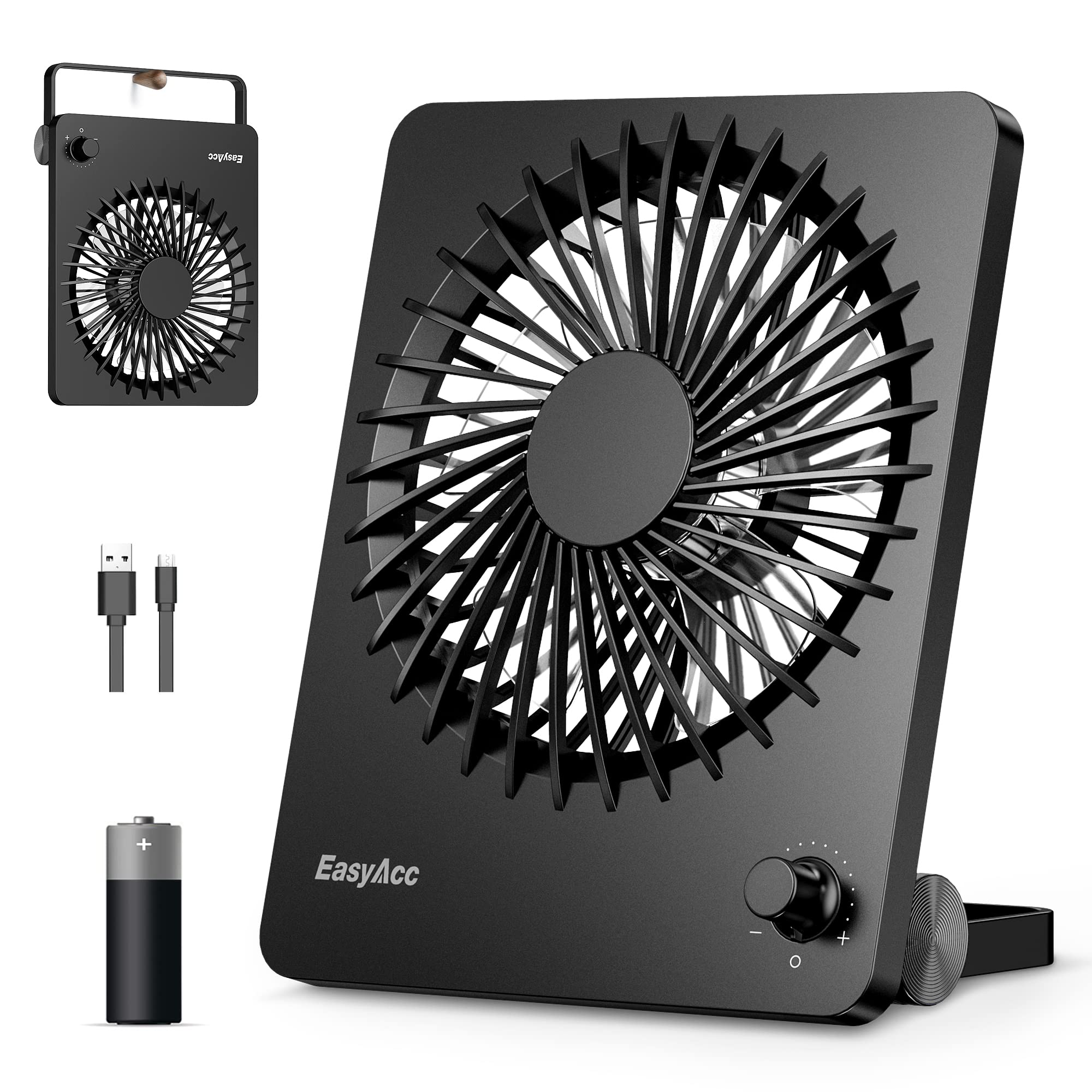 EasyAcc Portable Desk Fan Desktop Fan, Battery Operated Fan 6-Inch Foldable Travel Fan [ Ultra-Quiet Step-less Speed Control ] 160°Tilt Standing Hanging Fan for Travel Office Home Outdoor Dorm