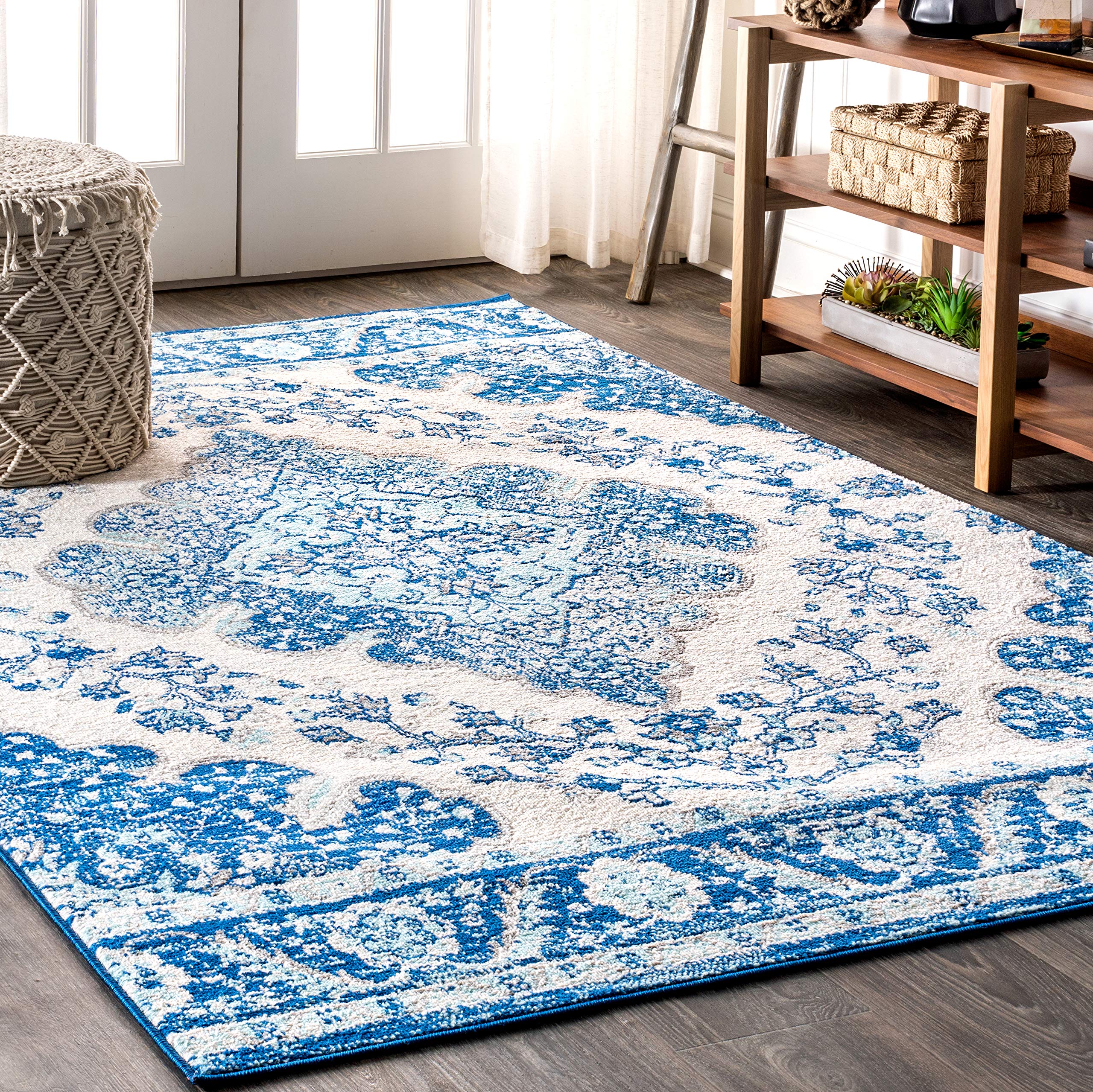 JONATHAN Y BMF106B-5 Bohemian Flair Boho Vintage Medallion Indoor Area-Rug Floral Easy-Cleaning High Traffic Bedroom Kitchen Living Room Non Shedding, 5 X 8, Cream/Blue