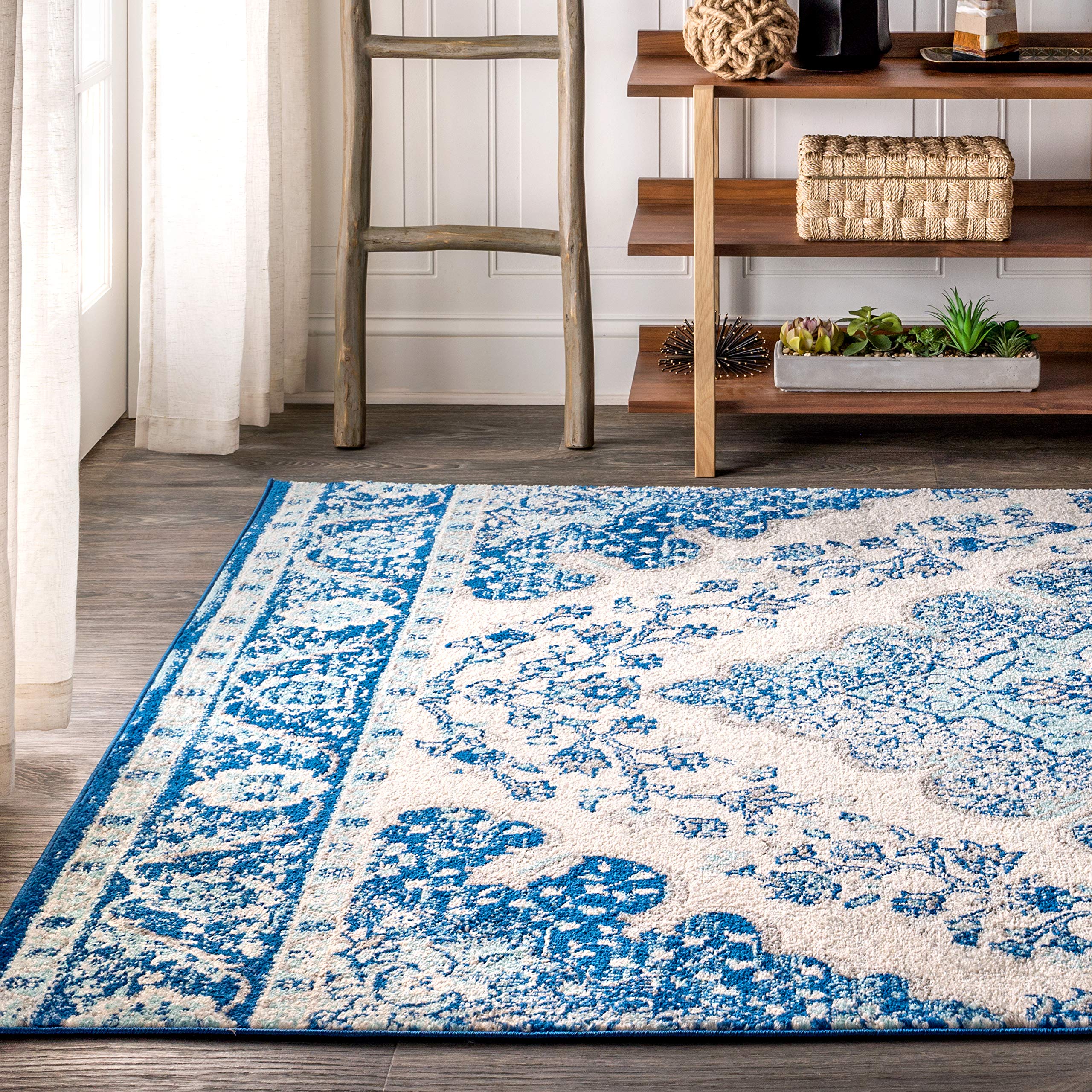 JONATHAN Y BMF106B-5 Bohemian Flair Boho Vintage Medallion Indoor Area-Rug Floral Easy-Cleaning High Traffic Bedroom Kitchen Living Room Non Shedding, 5 X 8, Cream/Blue