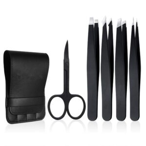 tweezers set 5-piece - professional stainless steel tweezers with curved scissors, best precision tweezer for eyebrows, splinter & ingrown hair removal with leather travel case (black)