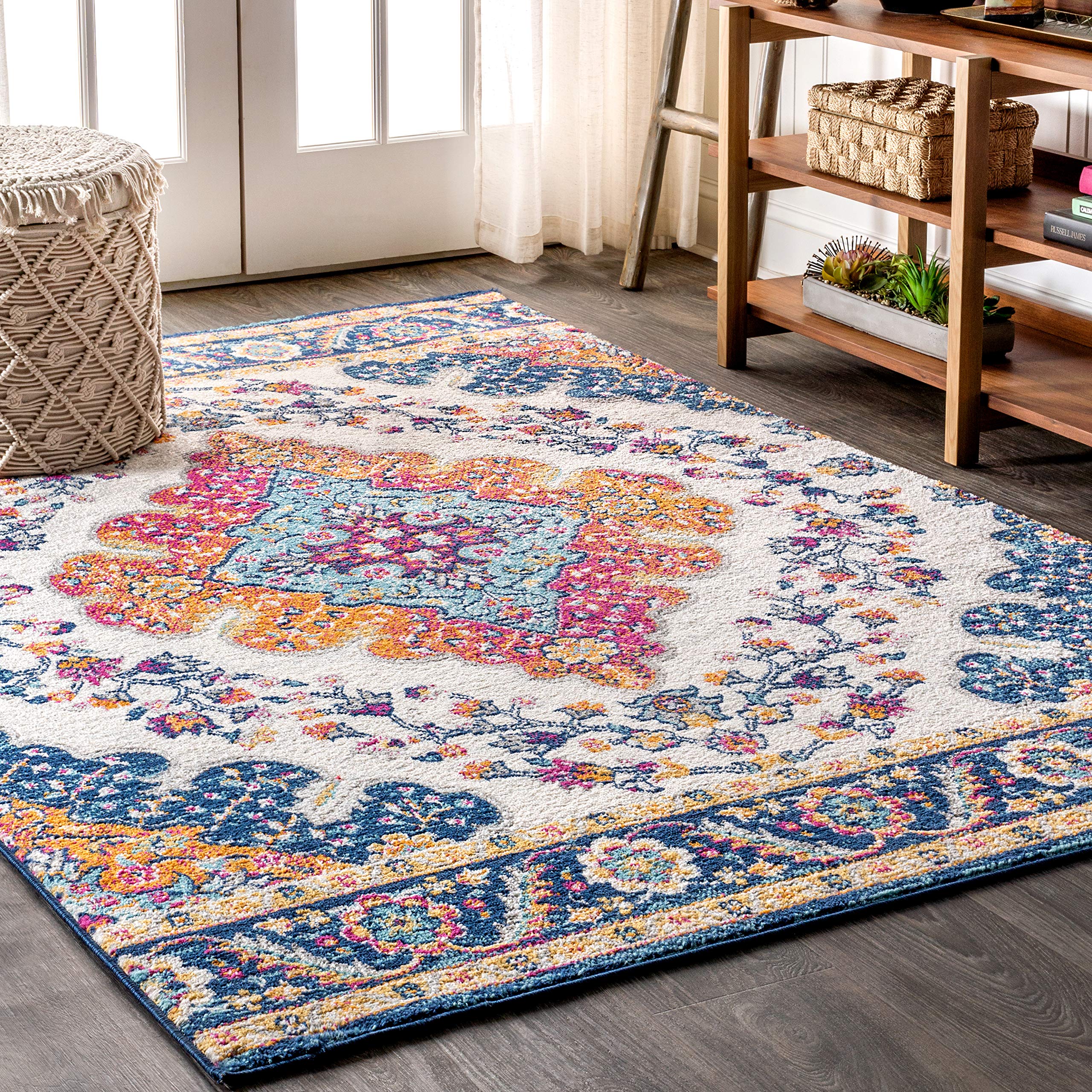 JONATHAN Y BMF106A-8 Bohemian Flair Boho Vintage Medallion Blue/Multi 8 ft. x 10 ft. Area-Rug, Vintage, Easy-Cleaning, for Bedroom, Kitchen, Living Room, Non Shedding