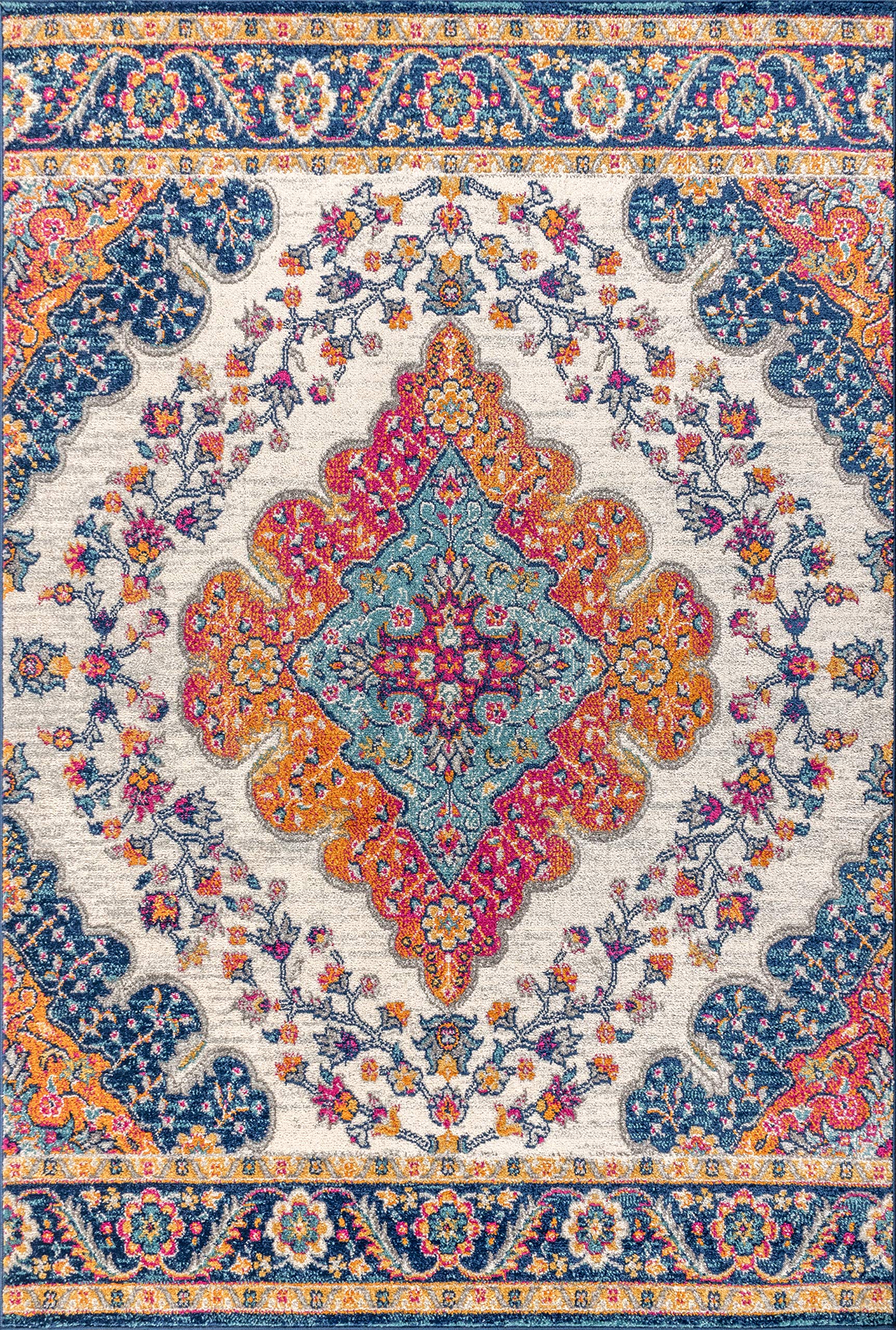 JONATHAN Y BMF106A-8 Bohemian Flair Boho Vintage Medallion Blue/Multi 8 ft. x 10 ft. Area-Rug, Vintage, Easy-Cleaning, for Bedroom, Kitchen, Living Room, Non Shedding