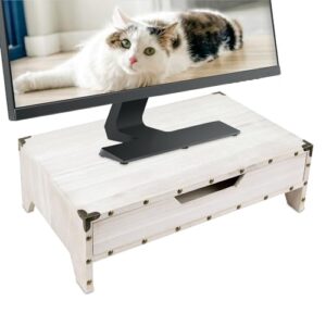 Ikee Design Wooden 2 Tier Monitor Stand with Drawer,Wood Desktop Stands for Laptop ,TV, Computer Riser,Wooden Clutter-Free Desk Stand with Storage Organizer,16 1/2 W x 10 1/4 D x 5 1/8 H in, White