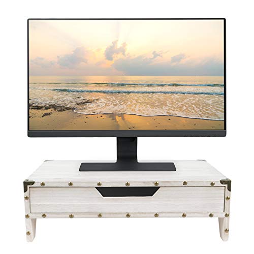 Ikee Design Wooden 2 Tier Monitor Stand with Drawer,Wood Desktop Stands for Laptop ,TV, Computer Riser,Wooden Clutter-Free Desk Stand with Storage Organizer,16 1/2 W x 10 1/4 D x 5 1/8 H in, White