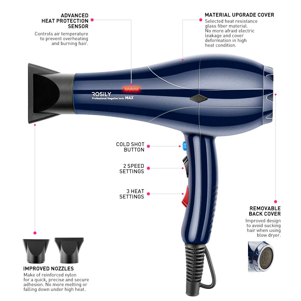 ROSILY Professional 2200W Ionic Ceramic Hair Dryer | Fast Drying Salon Quality Blow Dryer with Nozzle Attachments for Smooth Shine and Silky Hair | Extra Long Cord and Faster Drying Time