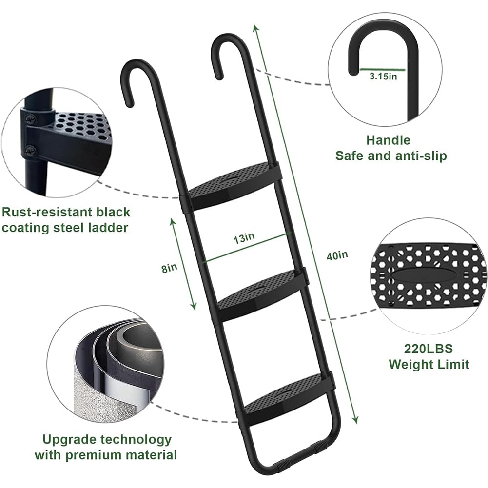 Eurmax USA Universal Easy-to-Assemble Trampoline Ladder, 3 Steps with Wide Steps, Trampoline Storage Bag, 220 lbs Capacity Trampoline Accessories for Children Kids, Black