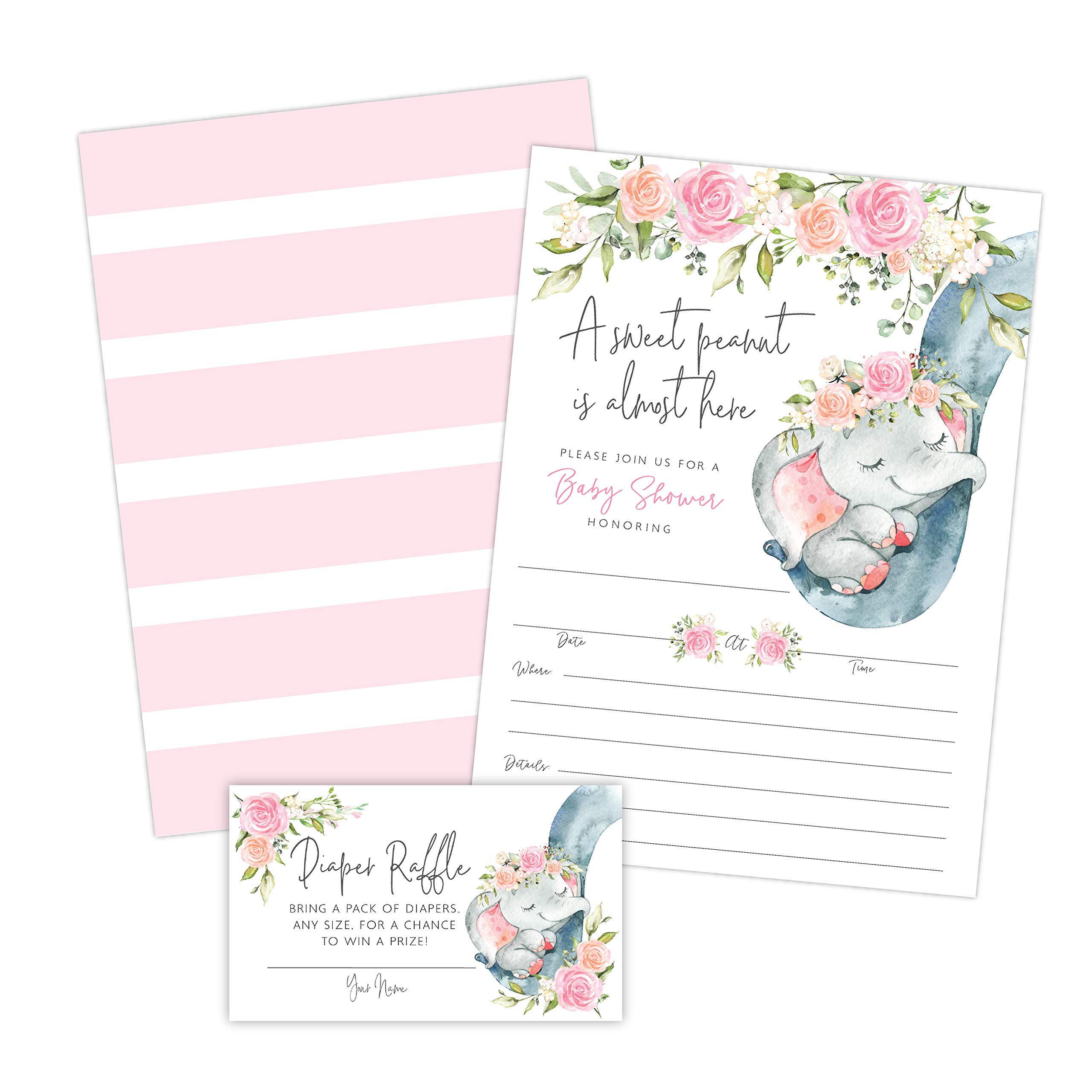 Your Main Event Prints Elephant Girl Baby Shower Invitations, Peanut Baby Shower Invites with Diaper Raffles Cards, Sprinkle, 20 Invites