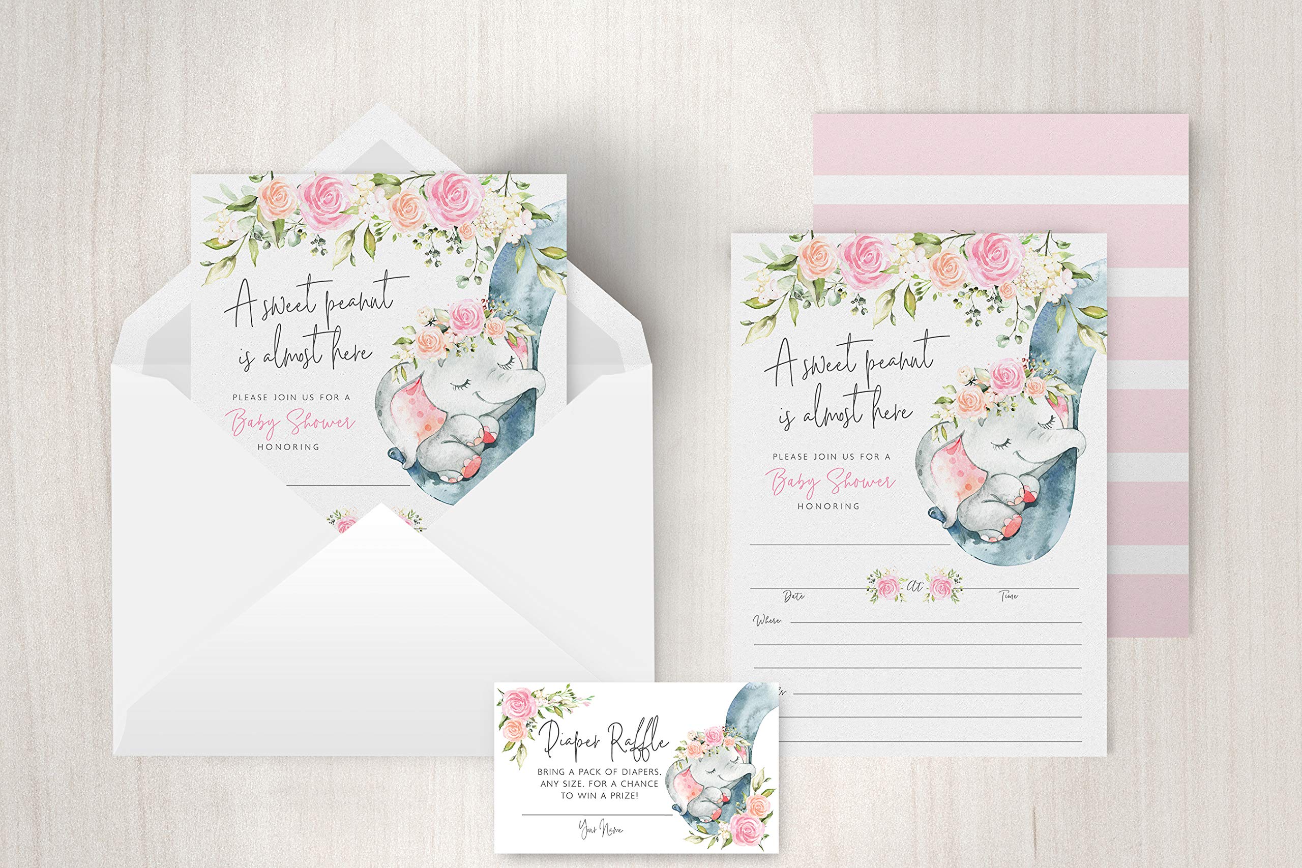 Your Main Event Prints Elephant Girl Baby Shower Invitations, Peanut Baby Shower Invites with Diaper Raffles Cards, Sprinkle, 20 Invites