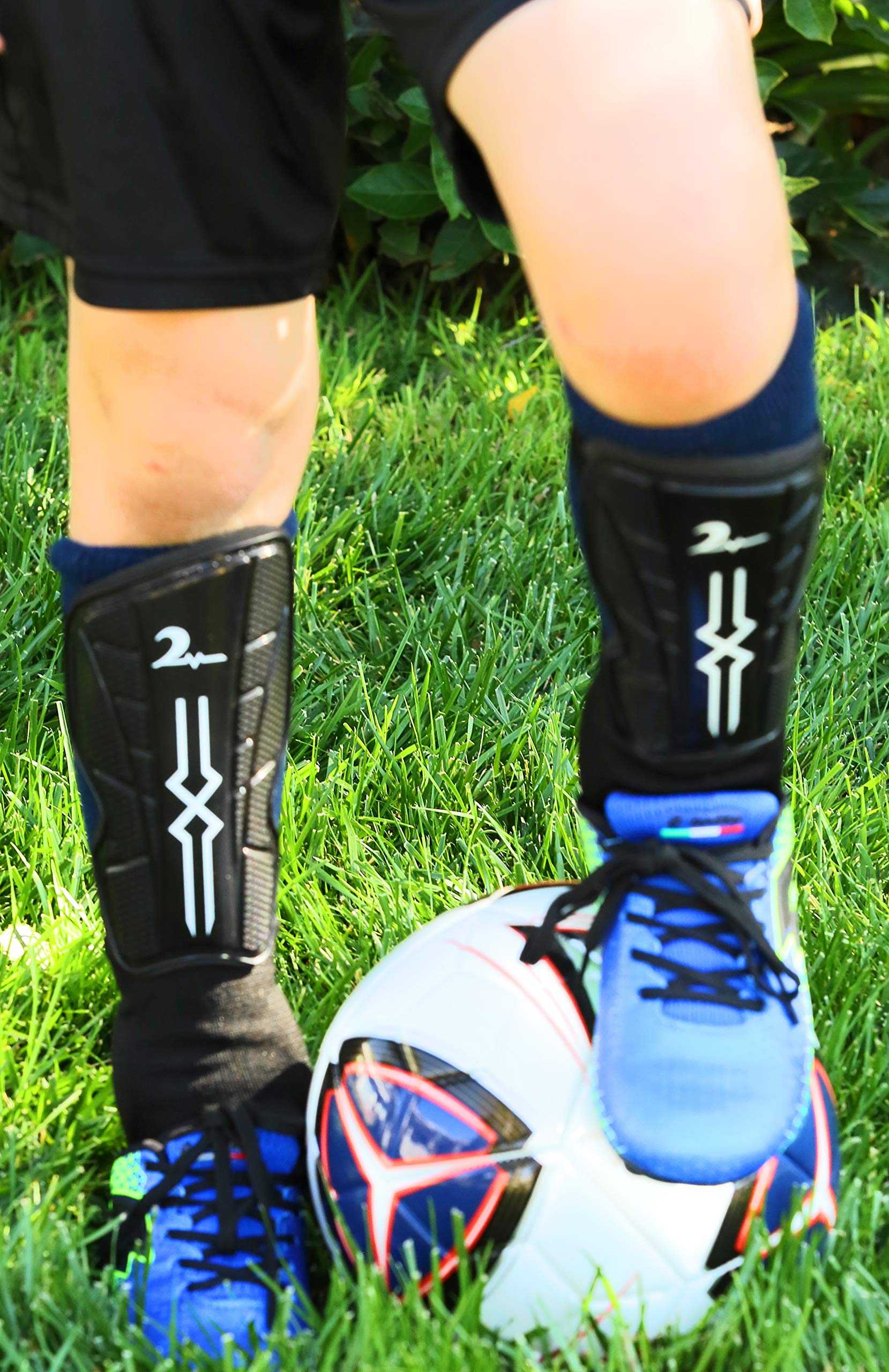 Kids Soccer Shin Guards with Foam Backing & Adjustable Straps. Fits Ages 8-13. Black