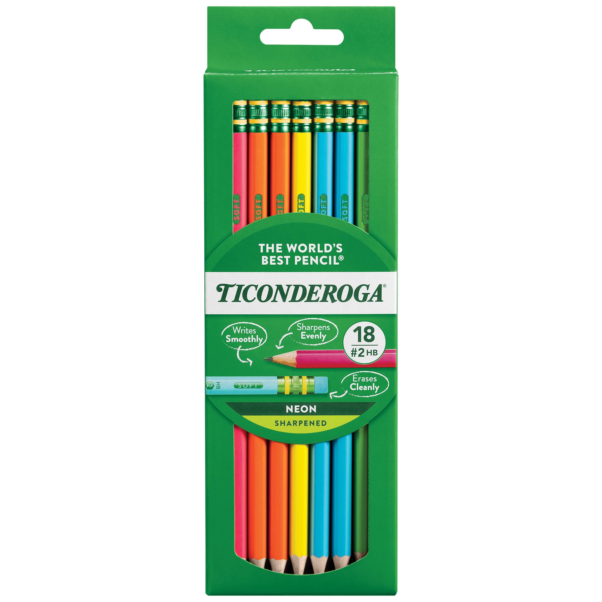 Ticonderoga Wood-Cased Pencils, Pre-Sharpened, 2 HB Soft, Neon Colors, 18 Count