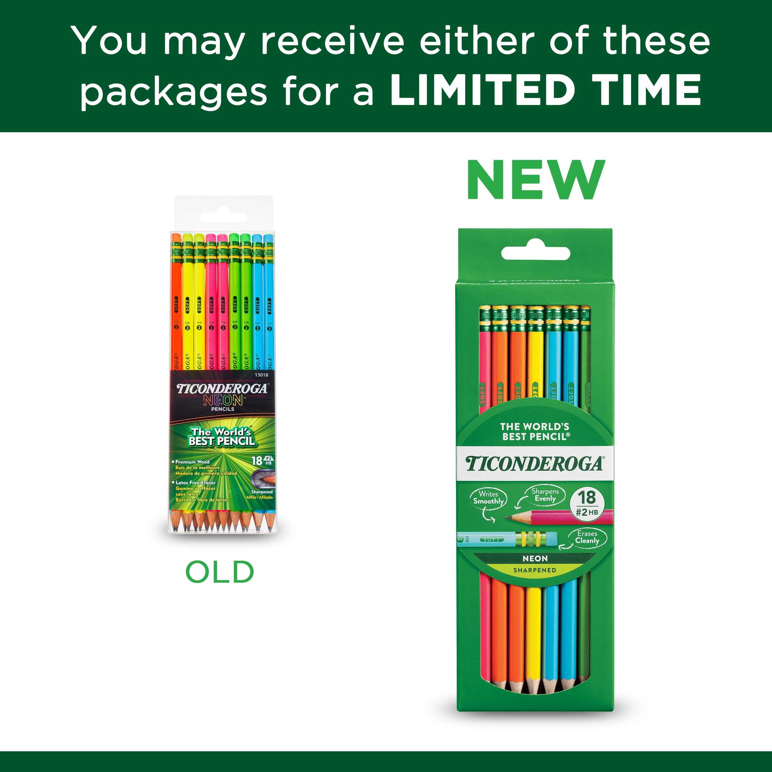 Ticonderoga Wood-Cased Pencils, Pre-Sharpened, 2 HB Soft, Neon Colors, 18 Count