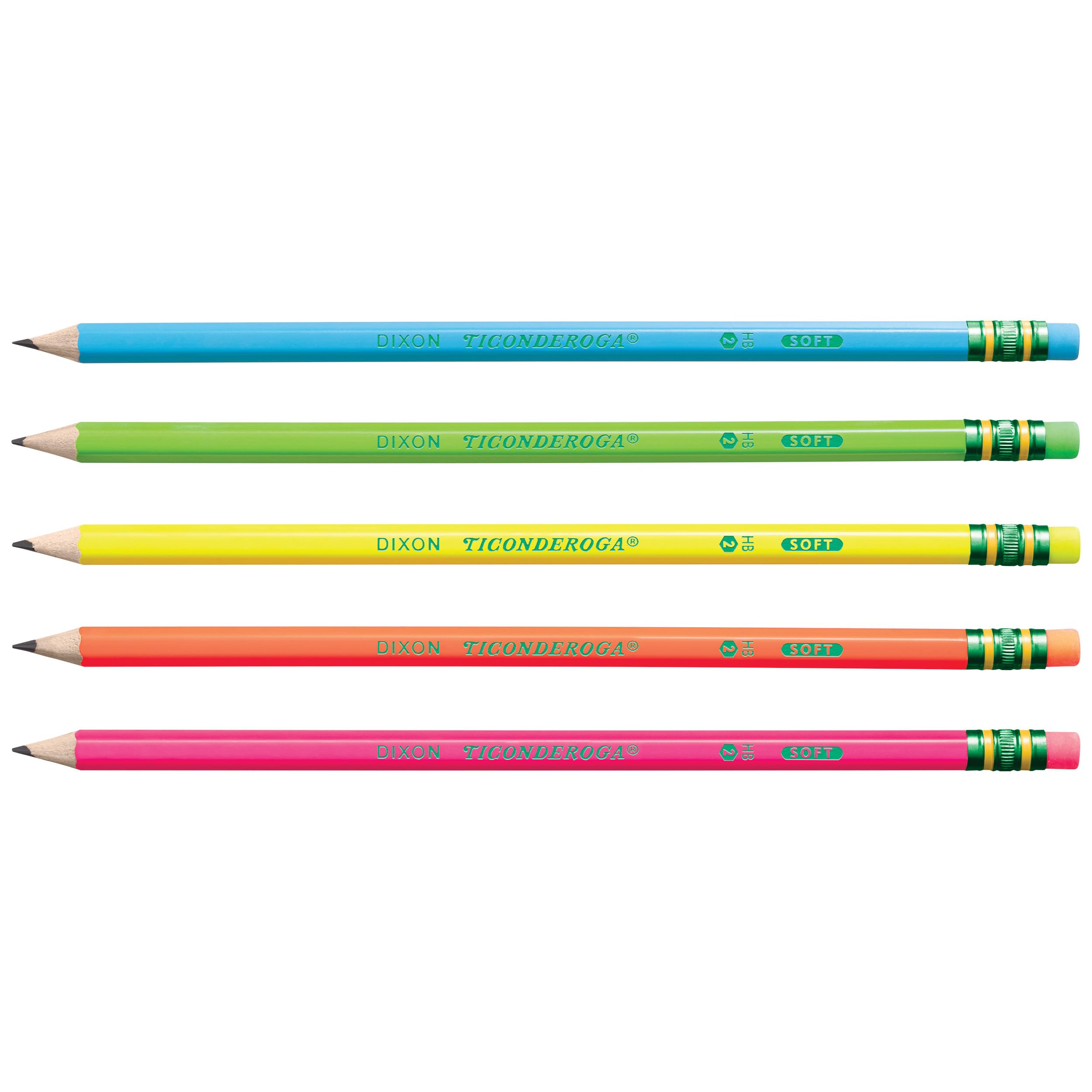 Ticonderoga Wood-Cased Pencils, Pre-Sharpened, 2 HB Soft, Neon Colors, 18 Count