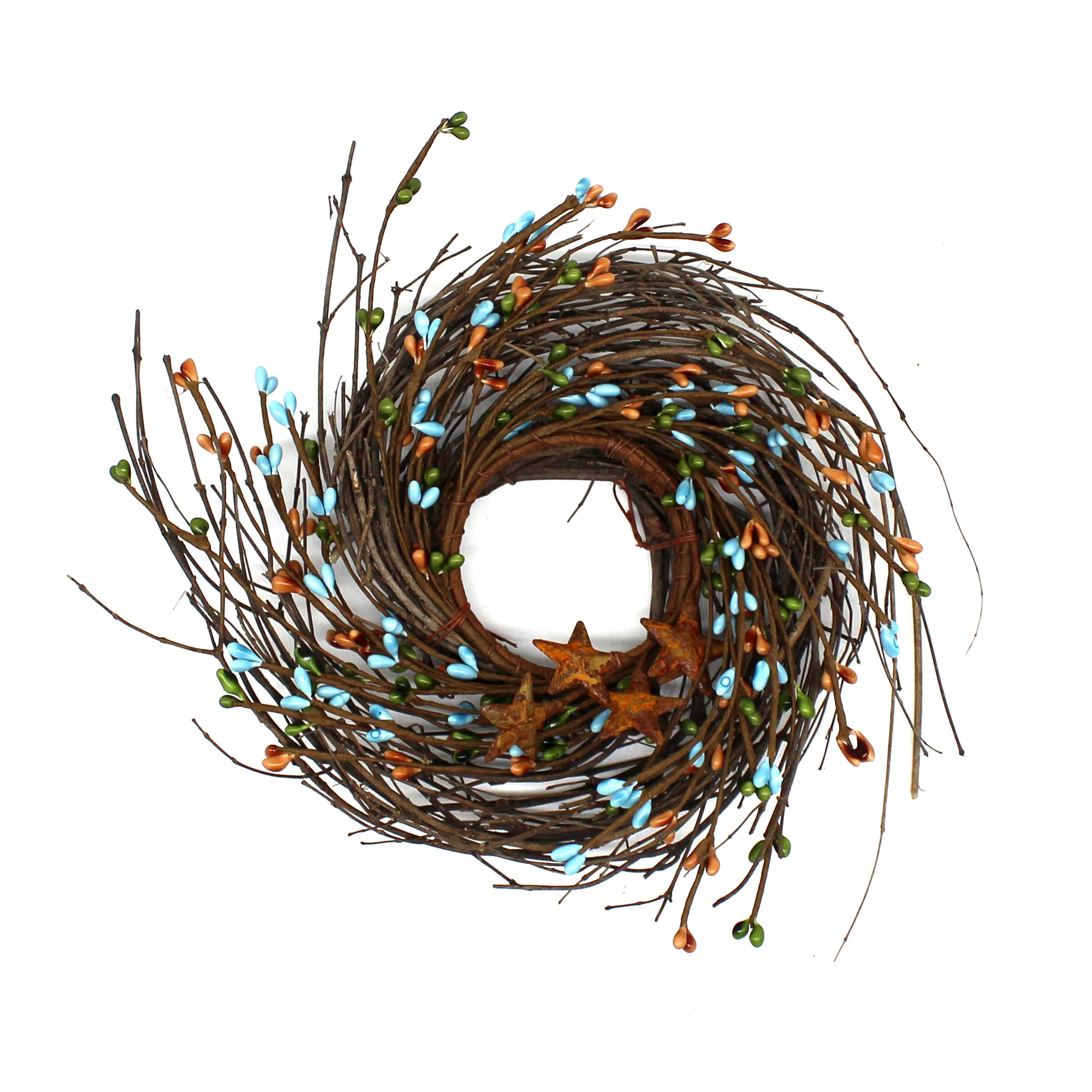 CVHOMEDECO. Primitives Rustic Pip Berries and Twig with Rusty Barn Stars Wreath, 7-Inch, Country Mix