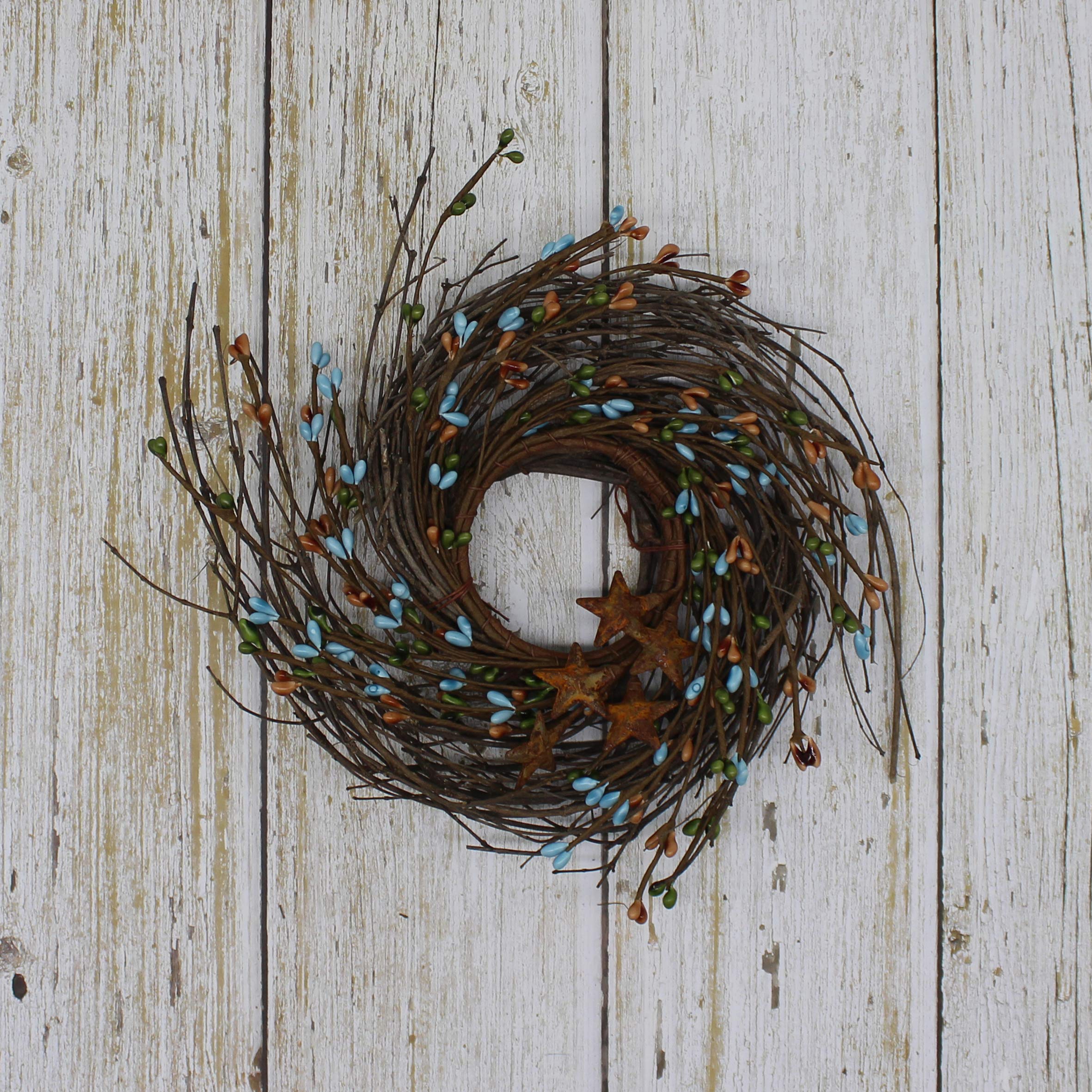 CVHOMEDECO. Primitives Rustic Pip Berries and Twig with Rusty Barn Stars Wreath, 7-Inch, Country Mix