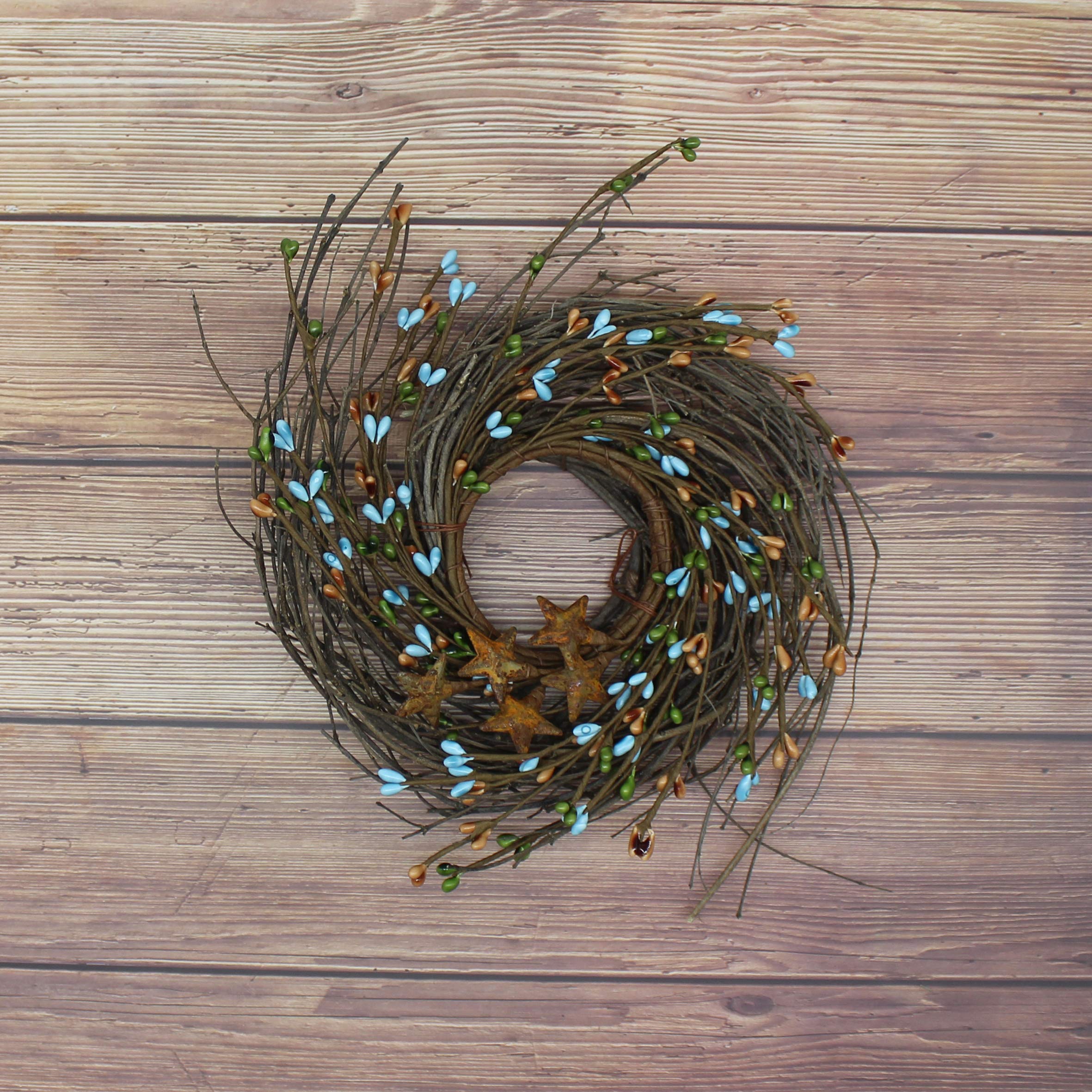 CVHOMEDECO. Primitives Rustic Pip Berries and Twig with Rusty Barn Stars Wreath, 7-Inch, Country Mix