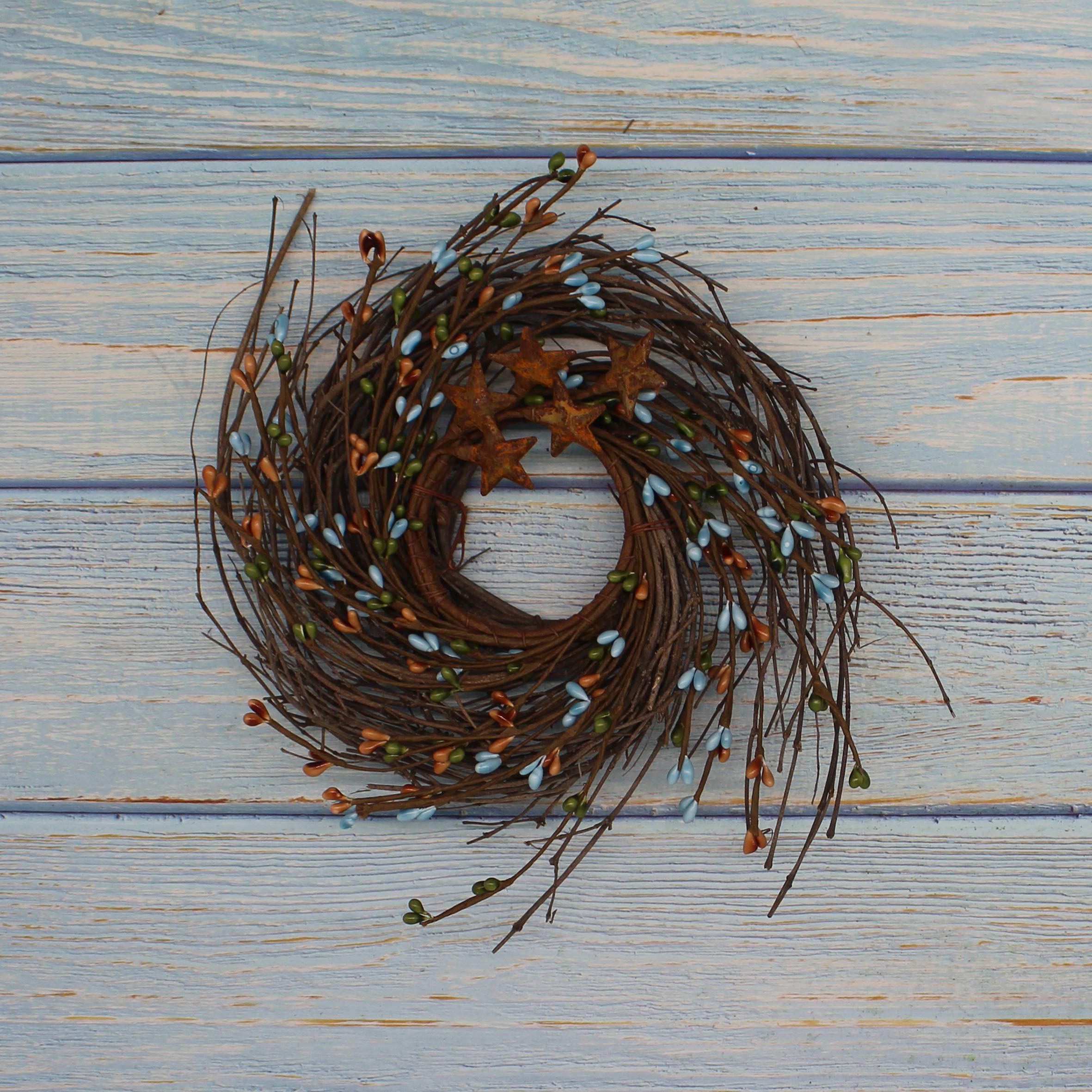 CVHOMEDECO. Primitives Rustic Pip Berries and Twig with Rusty Barn Stars Wreath, 7-Inch, Country Mix