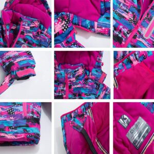 WOWULOVELY Girls Thicken Warm Snowsuit Hooded Ski Jacket Pants 2 Pcs Set Skiing Jacket with Pants(23 Rose1,Size 8)