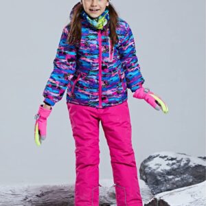 WOWULOVELY Girls Thicken Warm Snowsuit Hooded Ski Jacket Pants 2 Pcs Set Skiing Jacket with Pants(23 Rose1,Size 8)