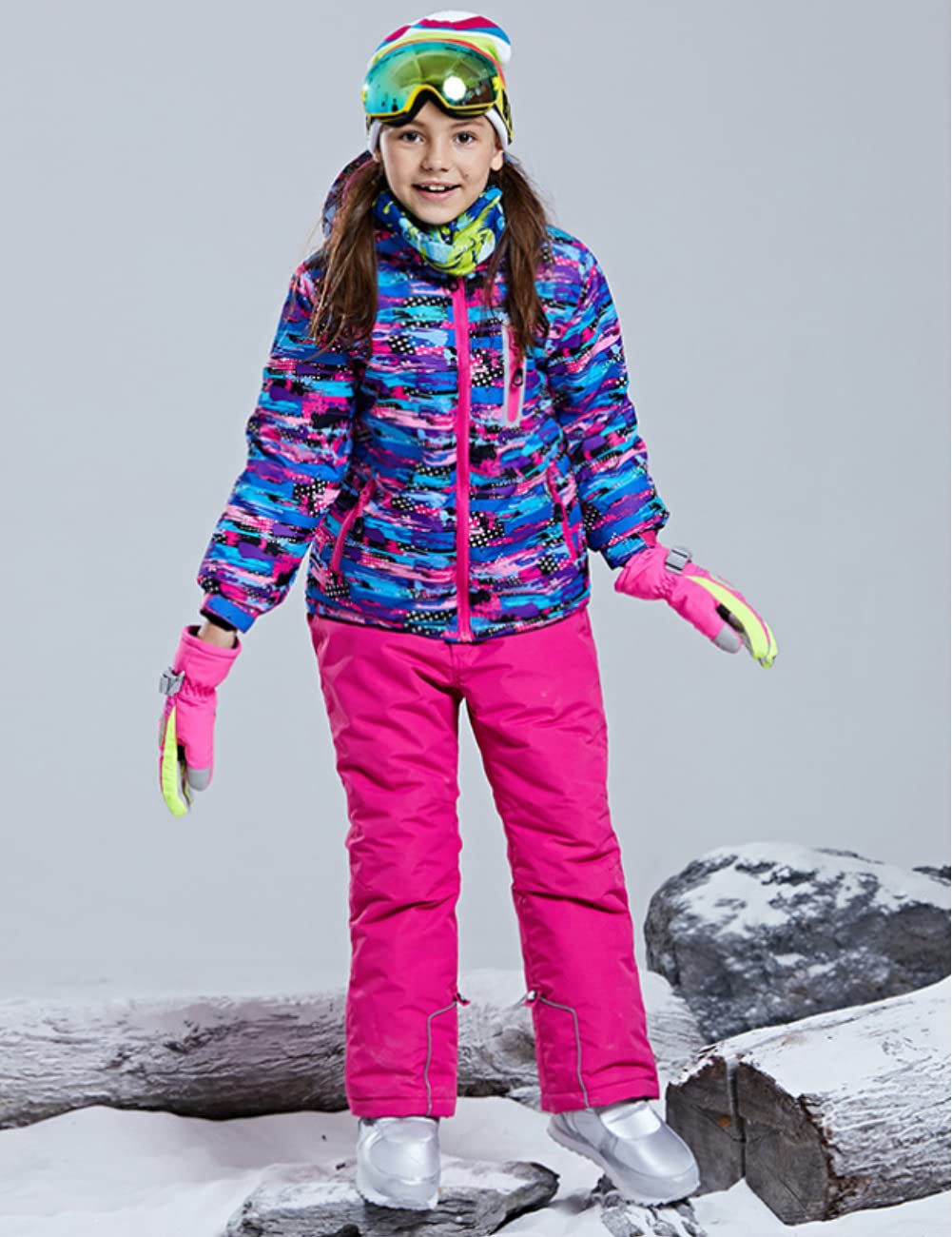 WOWULOVELY Girls Thicken Warm Snowsuit Hooded Ski Jacket Pants 2 Pcs Set Skiing Jacket with Pants(23 Rose1,Size 8)